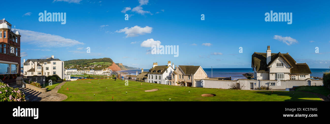 Panoramic view of Sidmouth and caostline, a coastal town and popular ...