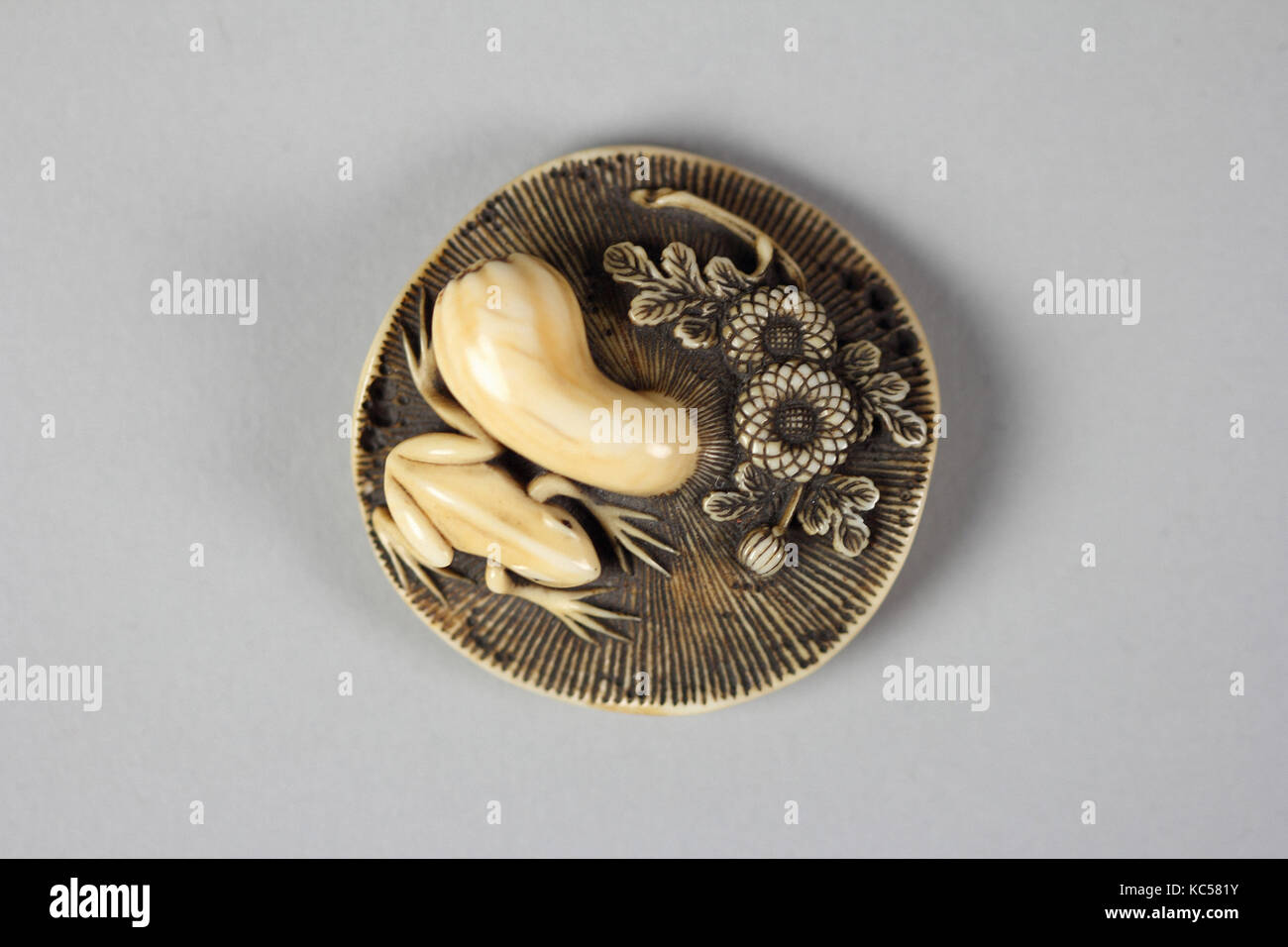 Netsuke of Mushroom and Frog, 19th century, Japan, Ivory, Diam. 1 5/8 ...