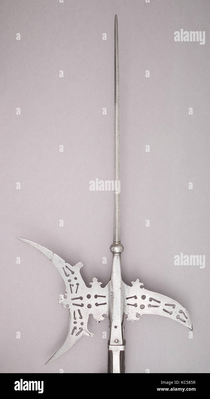 Halberd, 1550–1600, Italian, Steel, wood (ash), textile (velvet), L. 8 ...