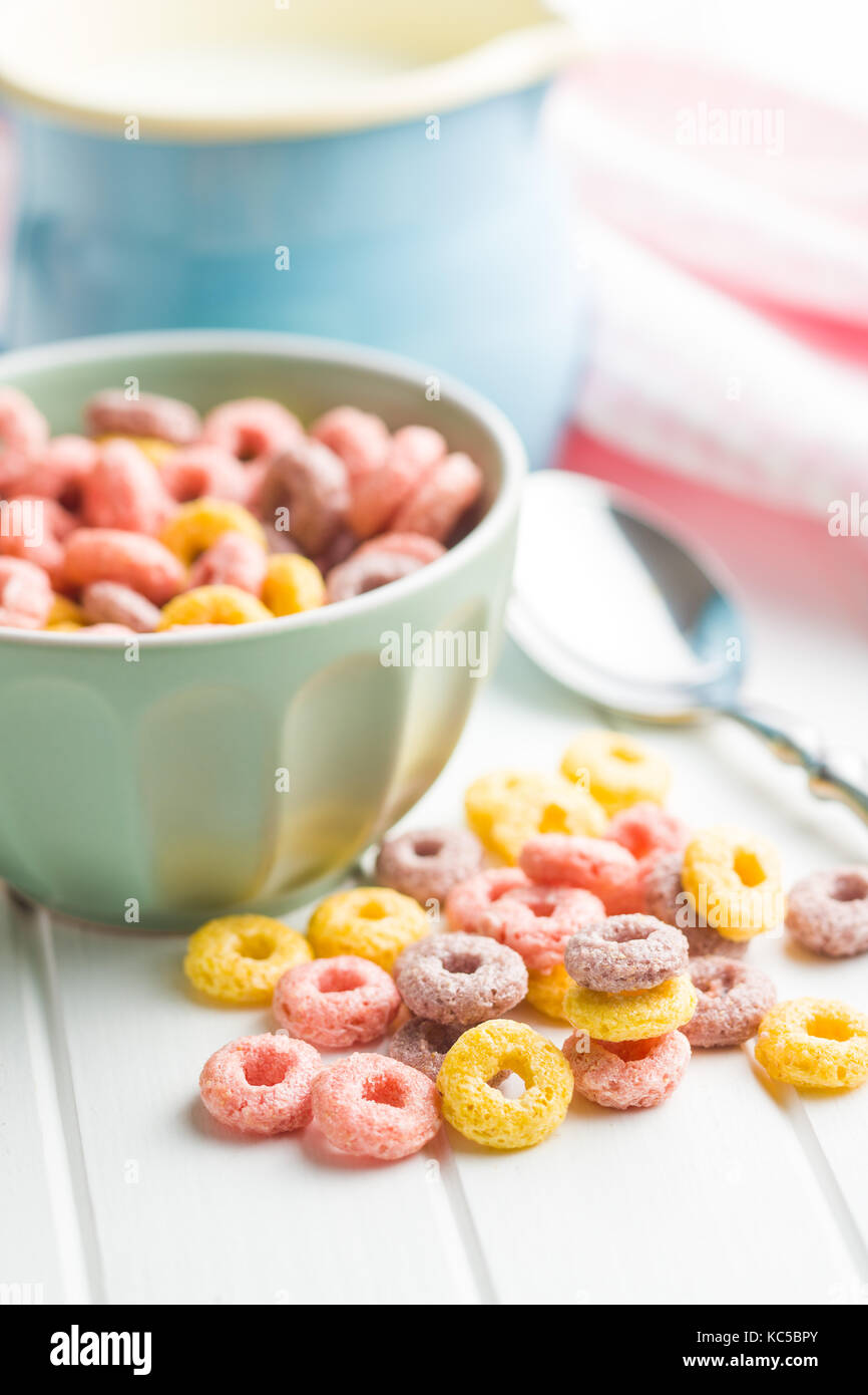 Colorful cereal rings and milk. Tasty breakfast Stock Photo - Alamy