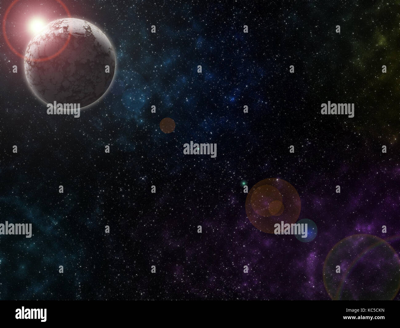 Starry outer space background texture. The sun is behind the dead ...