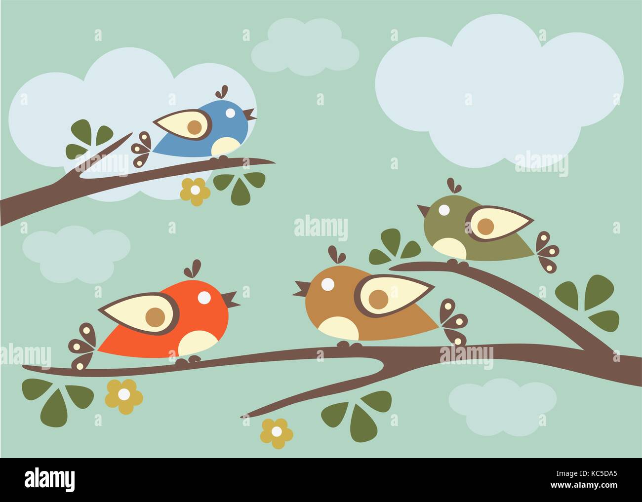 Birds sitting on tree branches. Vector Illustration, sunny day Stock ...
