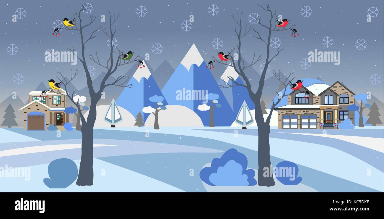 Winter Snowy Landscape with houses, trees and mountains. Suburban ...