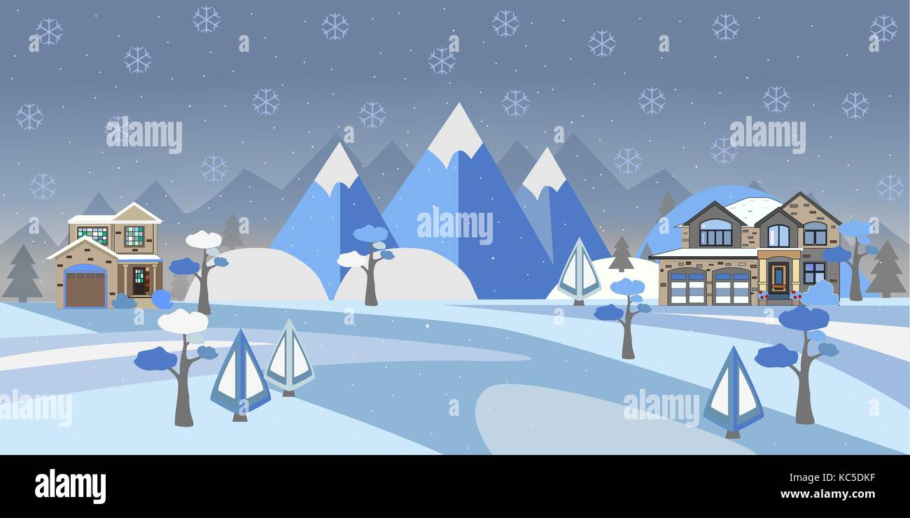 Winter Snowy Landscape with houses, trees and mountains. Suburban ...