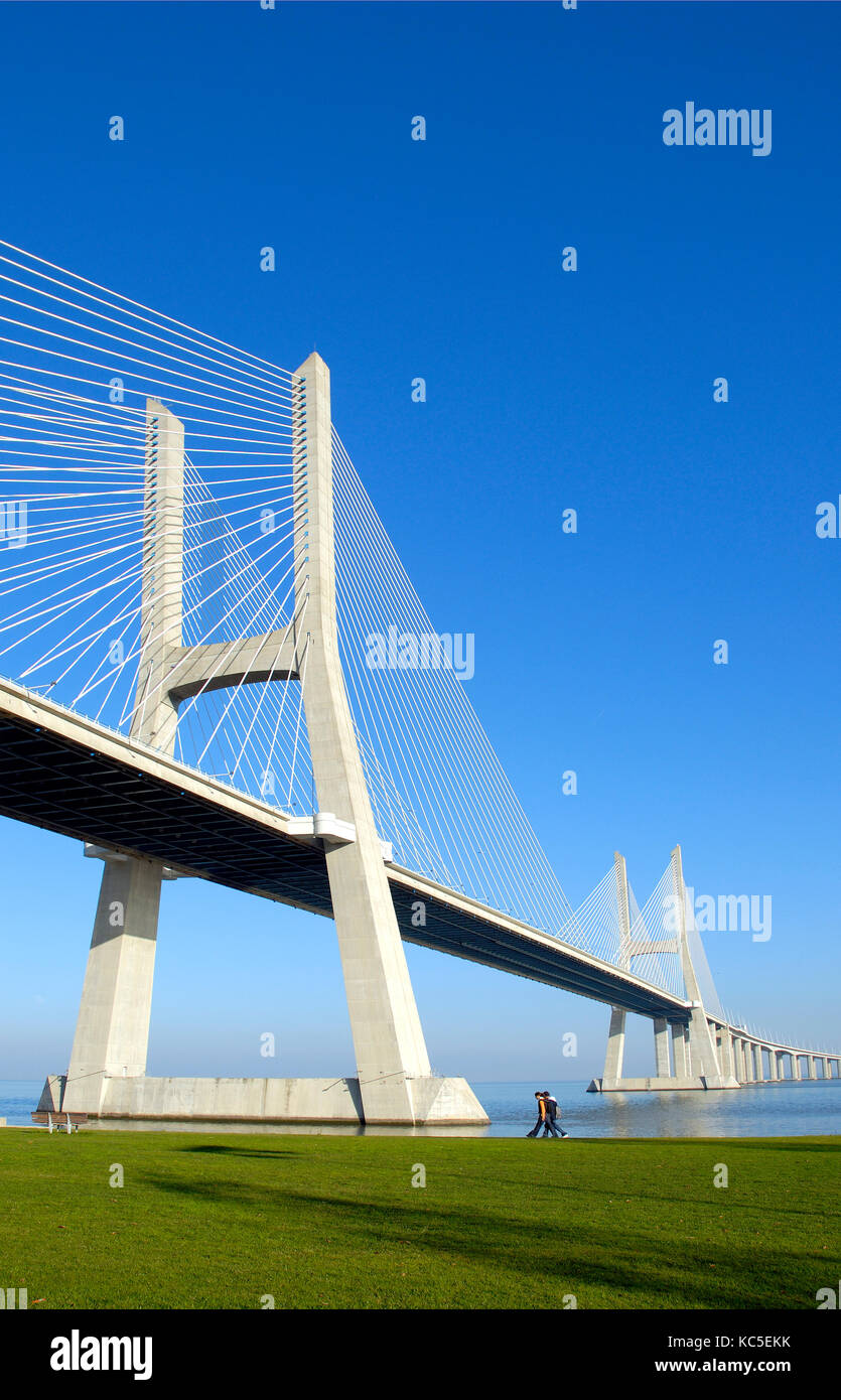 Vasco da Gama Bridge over the Tagus river (rio Tejo), Lisbon, Portugal ...