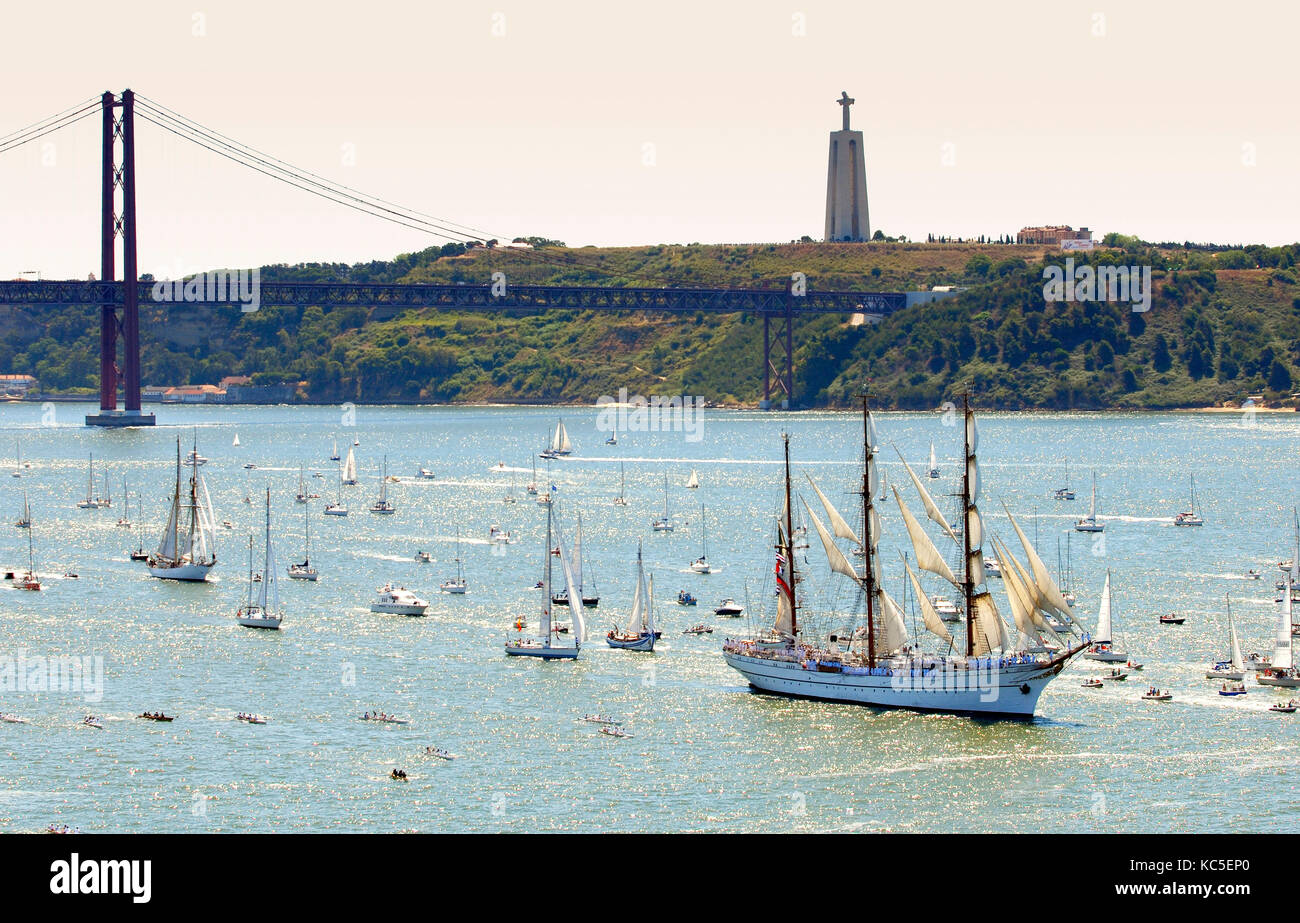 NRP Sagres, tall ships regatta along the Tagus river (rio Tejo). Lisbon ...