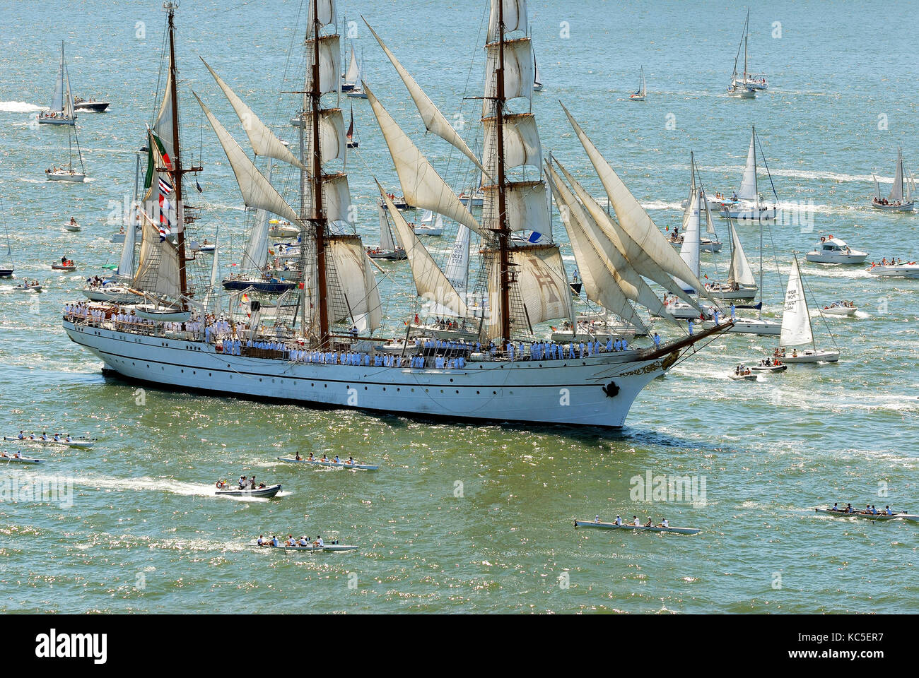 NRP Sagres, tall ships regatta along the Tagus river (rio Tejo). Lisbon ...