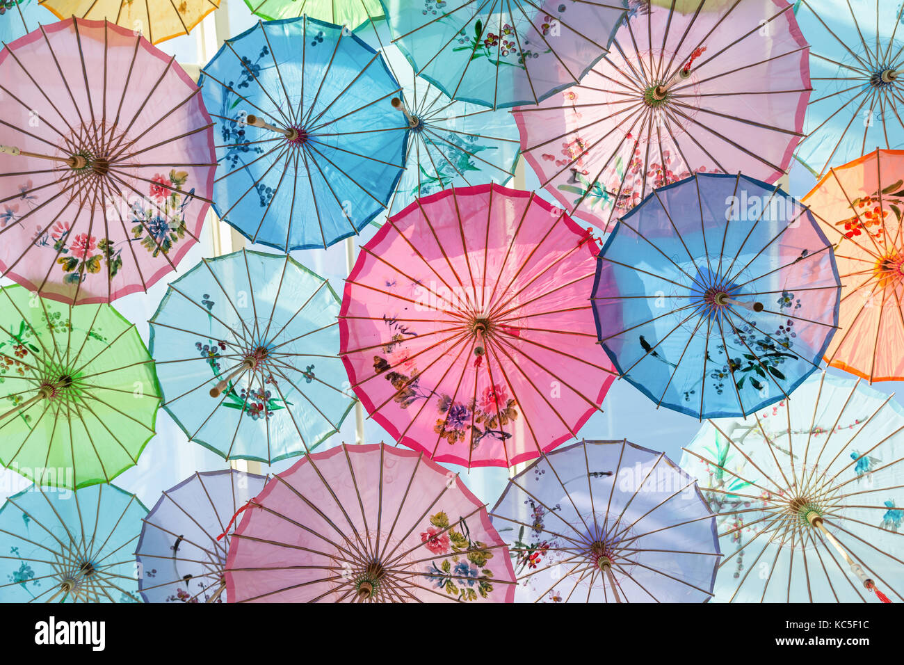 Roof decorated by colorful handmade umbrellas made from paper for ...