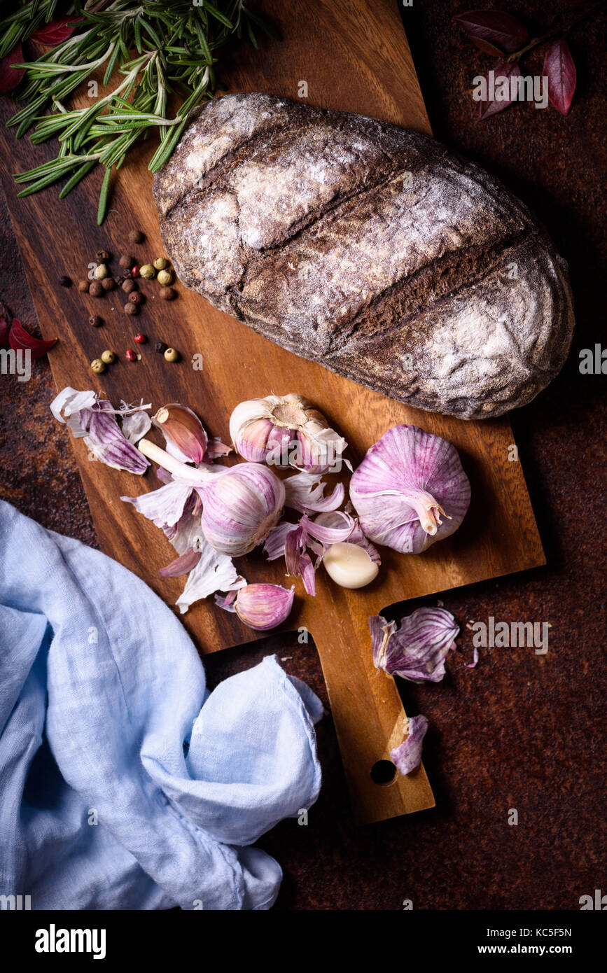 Bakery background, baking ingredients over rustic kitchen countertop ...