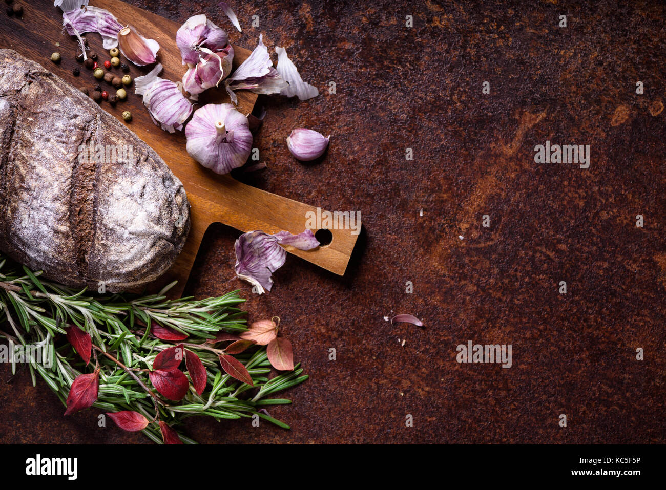 Bakery background, baking ingredients over rustic kitchen countertop ...