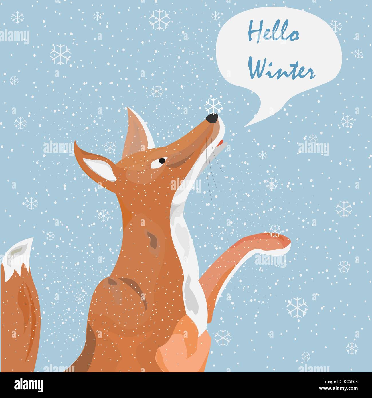 Orange Fox Catching Snowflakes and saying "Hello Winter" vector ...