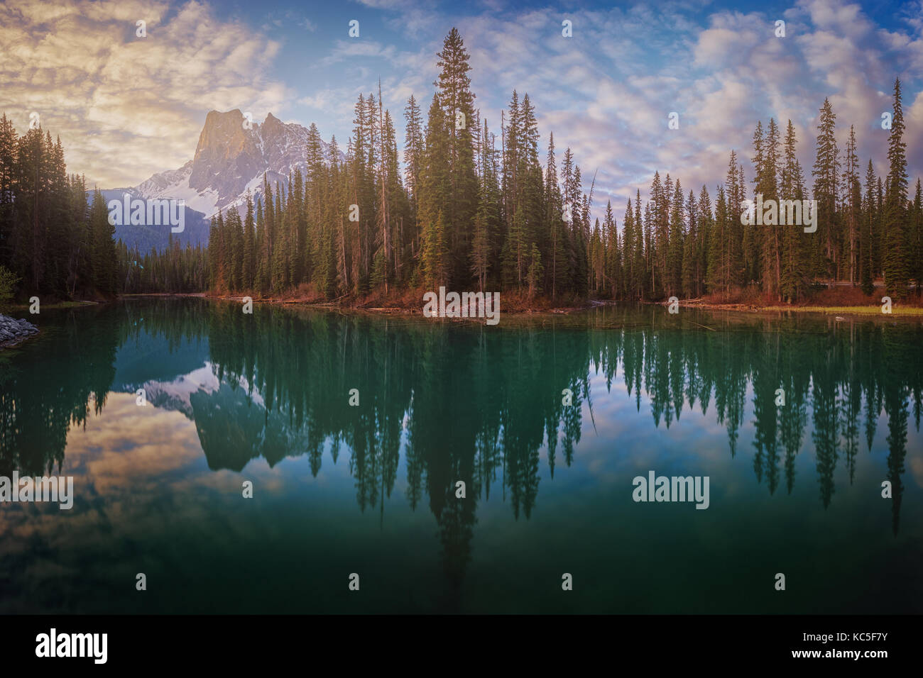 Panoramic view of Emerald Lake at sunrise, Canadian Rockies. Turquoise ...