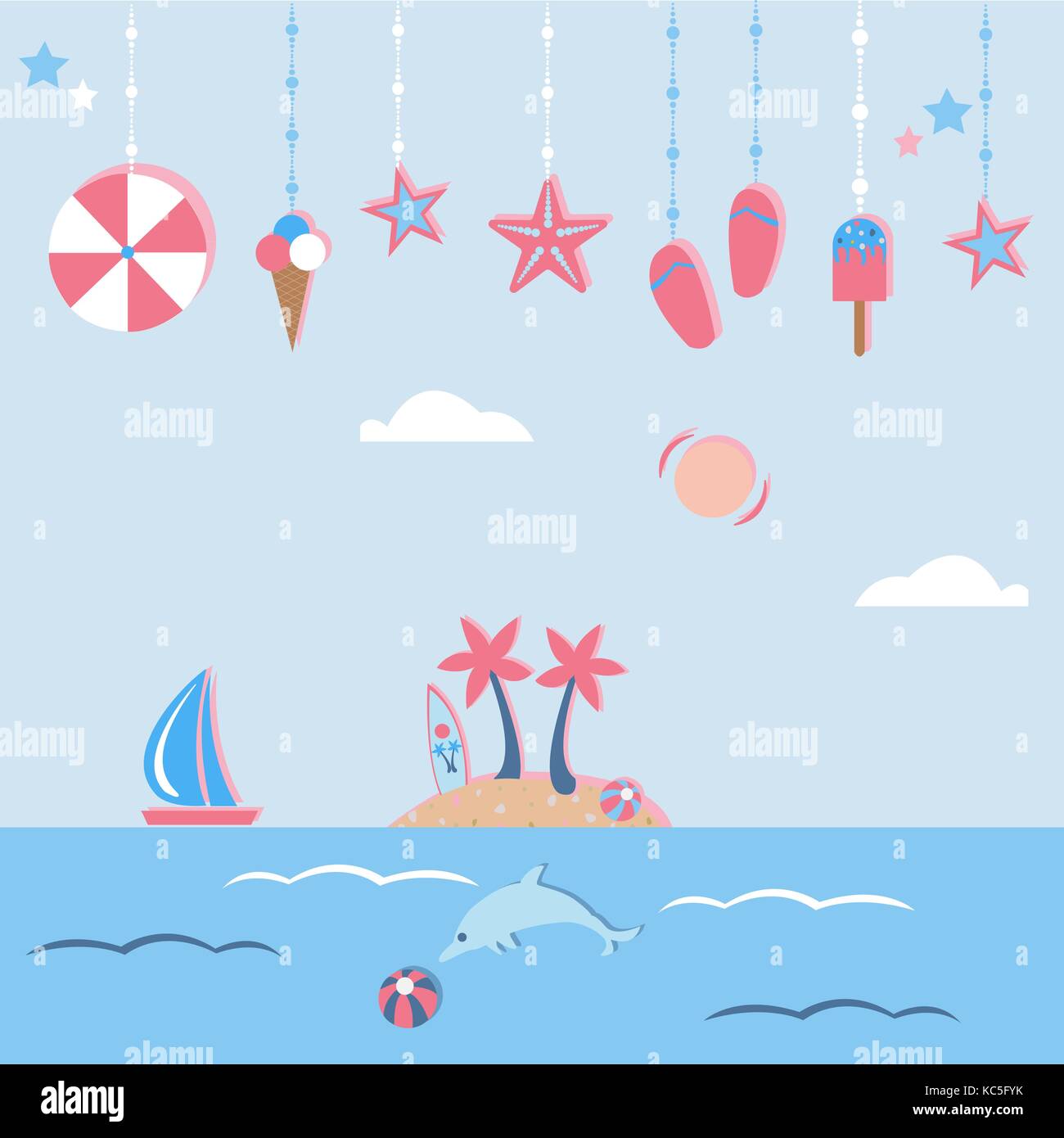 Summer Vector Illustration. Seashore with summer beach objects. From ...