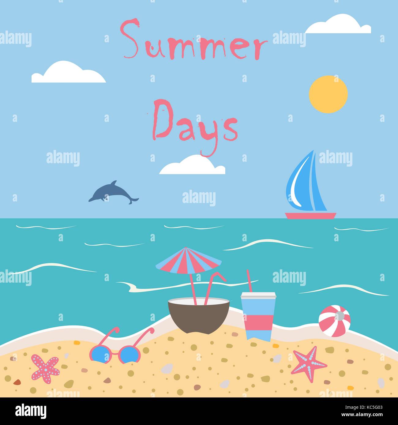 Summer Vector Illustration. Seashore with summer beach objects. From ...