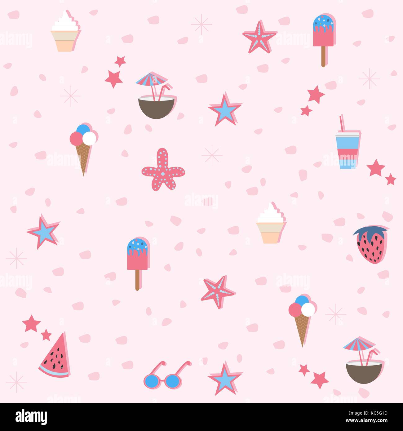 Summer Seamless Pattern. Stylized Summer Elements with shadows. Vector ...