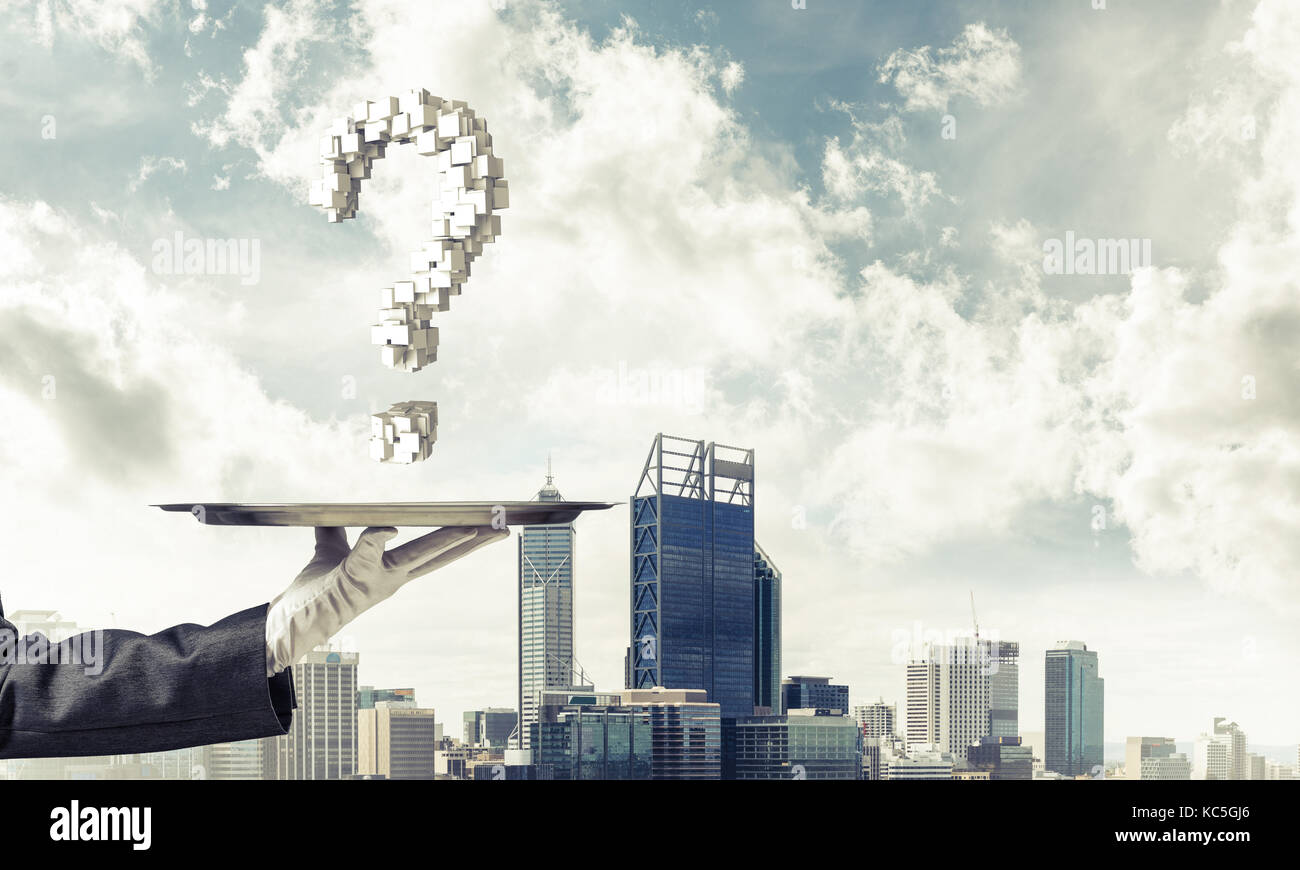 Hand of waiter presenting question mark on tray Stock Photo - Alamy