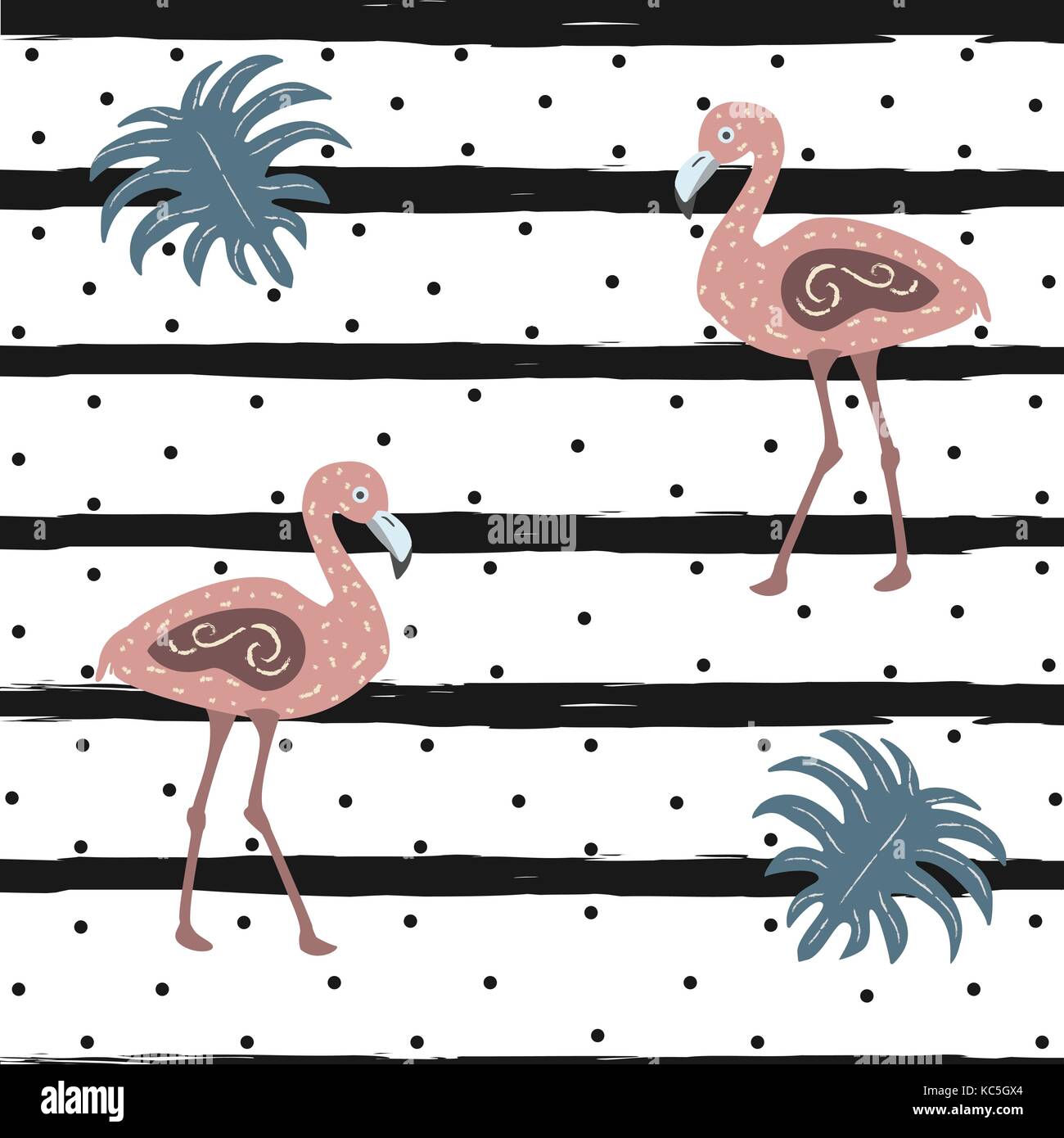 Flamingo Bird Seamless pattern with black stripes and dots. Vector ...