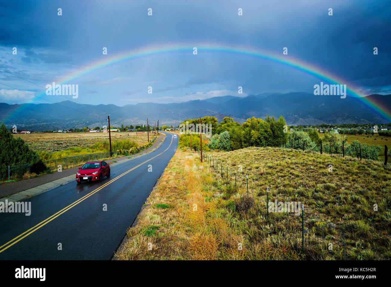 Rainbow over CR 120 & the small mountain town of Salida, Colorado, USA ...
