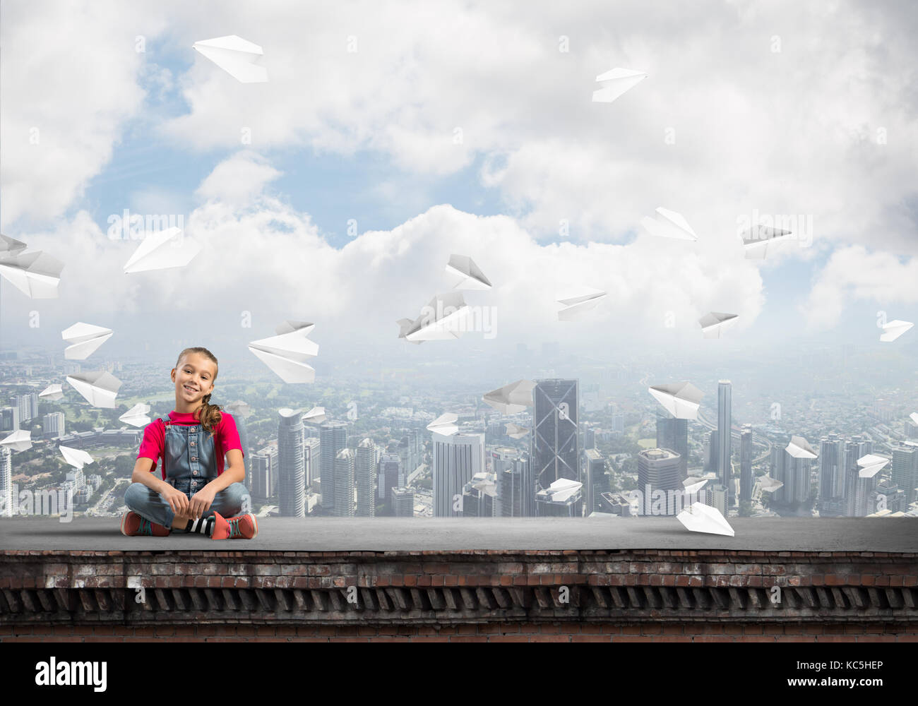 Concept of careless happy childhood with girl of school age smilling ...