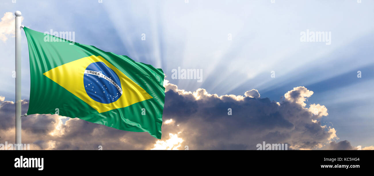 Brazil waving flag on blue sky. 3d illustration Stock Photo - Alamy