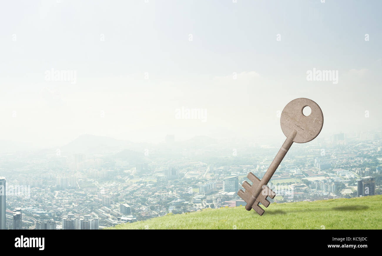 Conceptual background image of concrete key sign and natural landscape ...