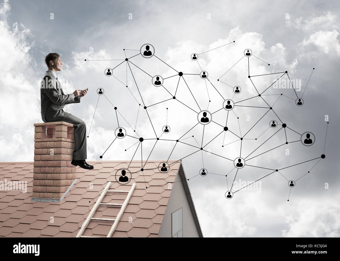 Businessman or student on brick roof and concept of social connection ...