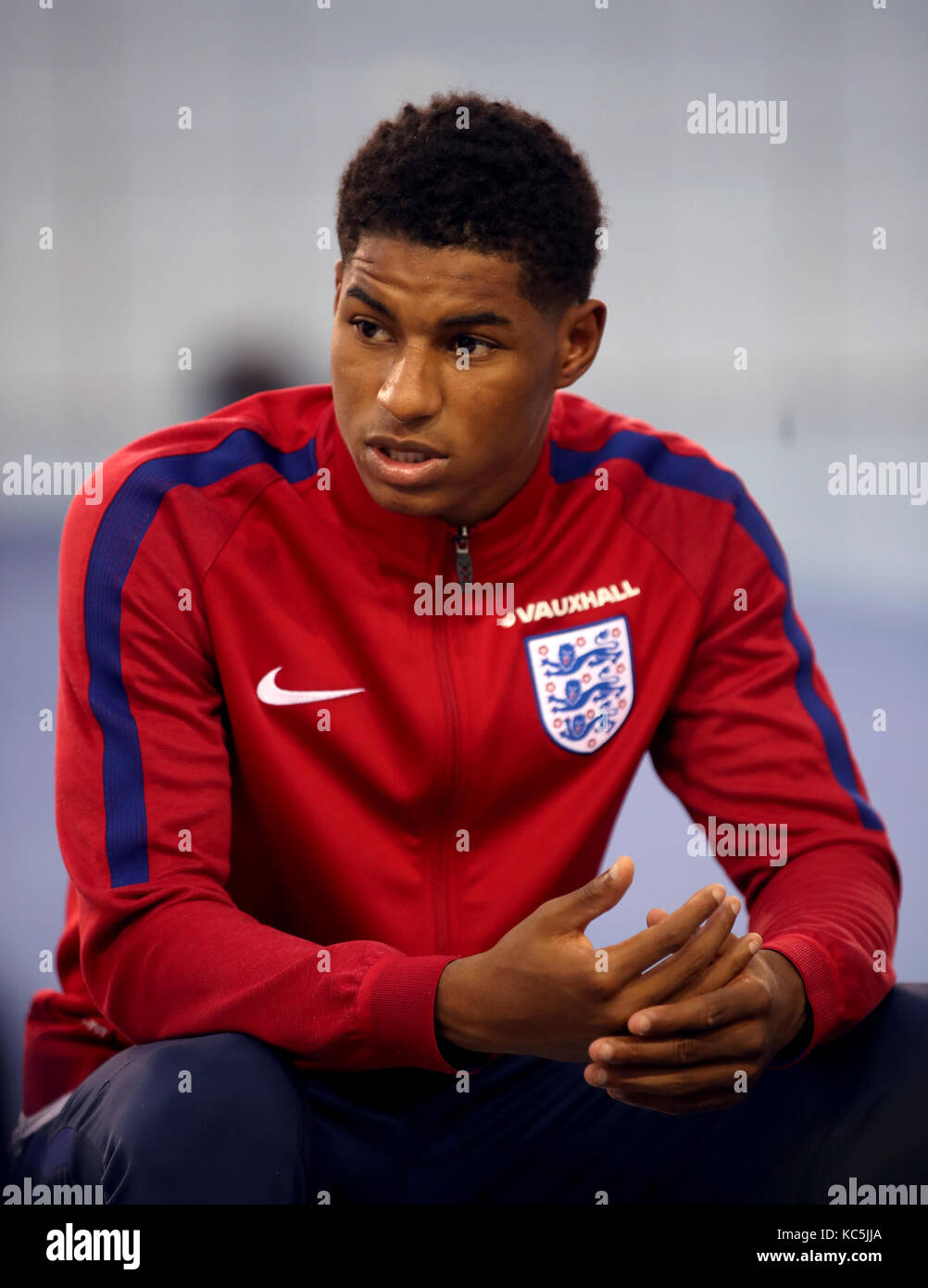 England's Marcus Rashford during a press conference for the media day ...