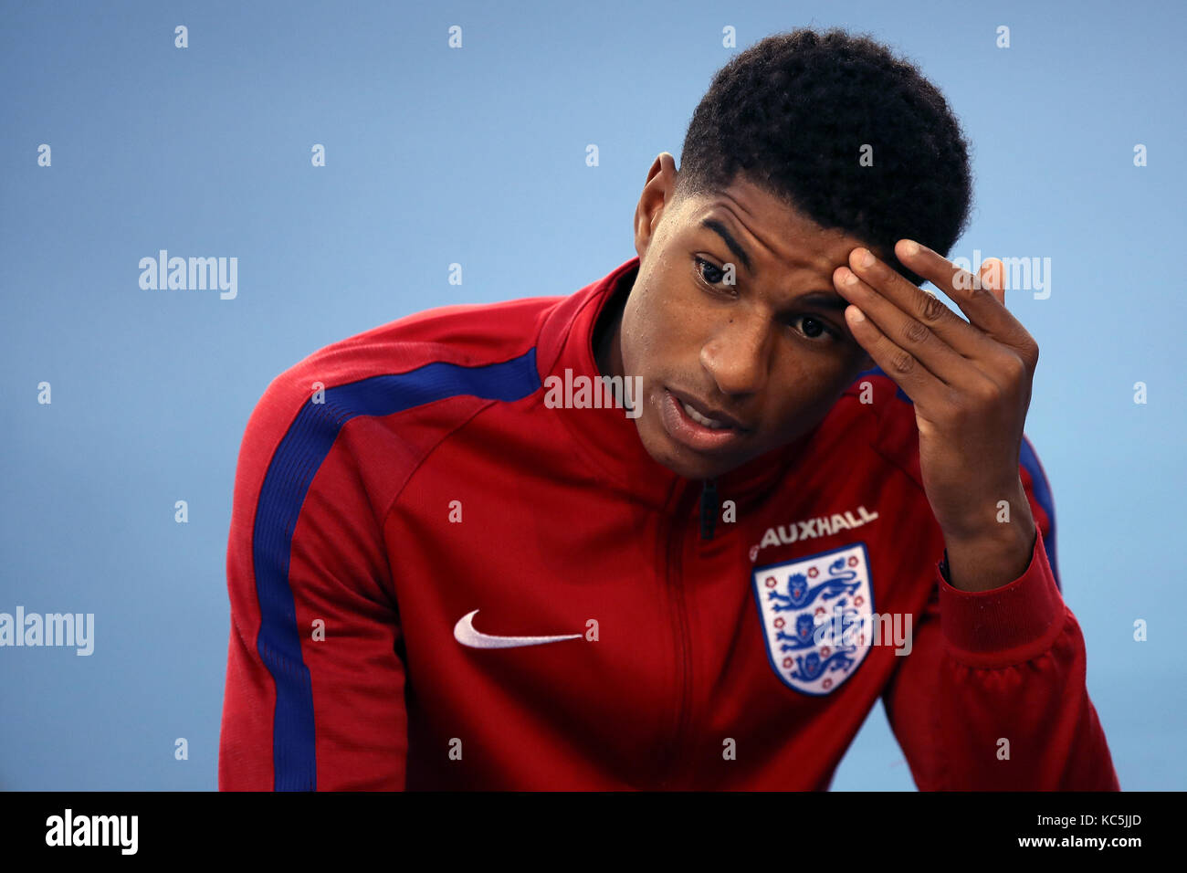England's Marcus Rashford during a press conference for the media day ...