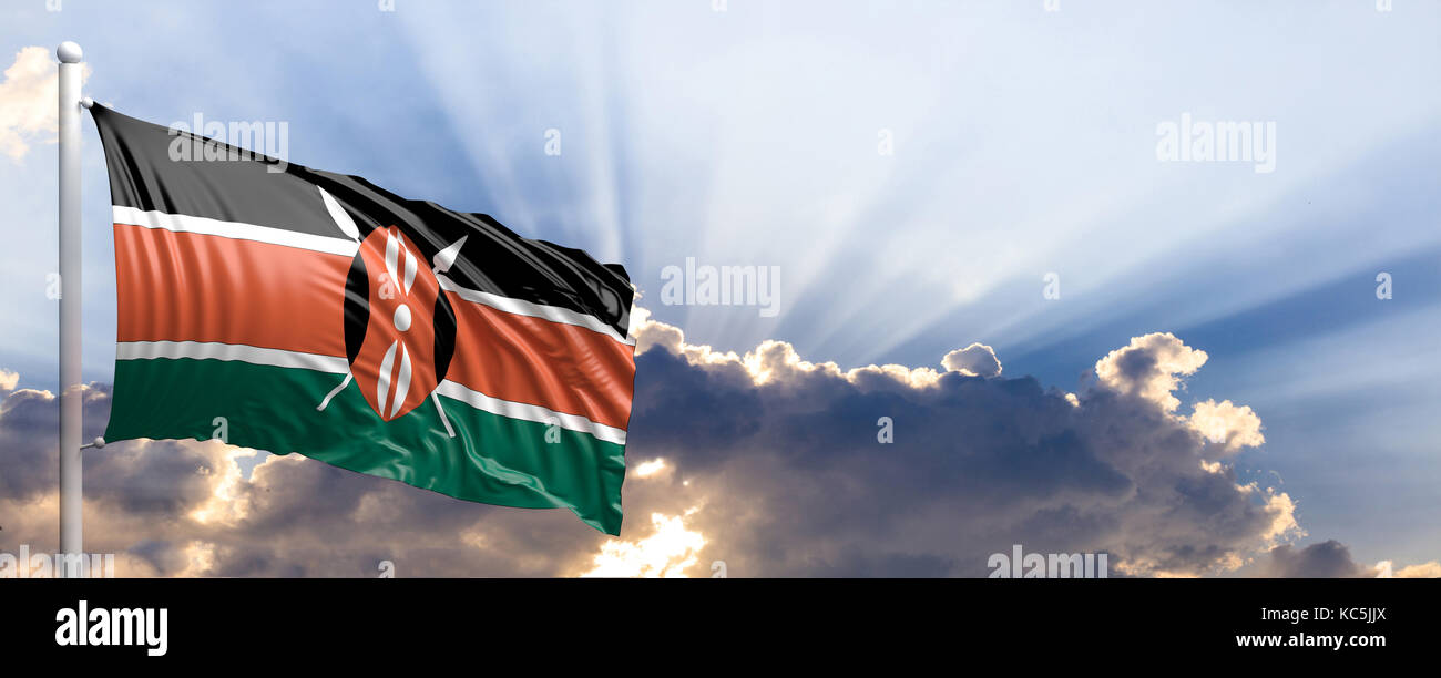 Kenya waving flag on blue sky. 3d illustration Stock Photo - Alamy