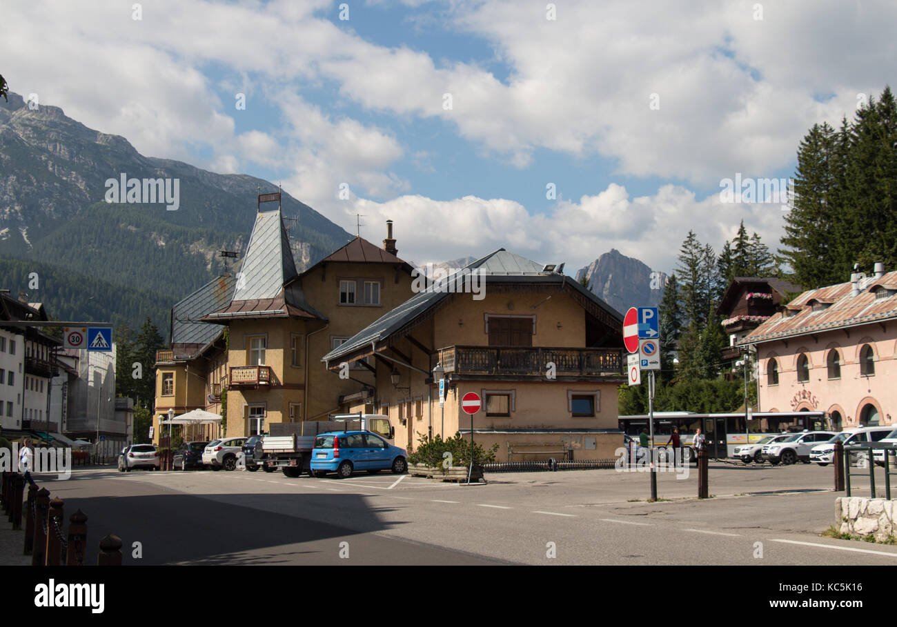 The view of bus station in Cortina d'Ampezzo. Dolomites, Italy Stock ...