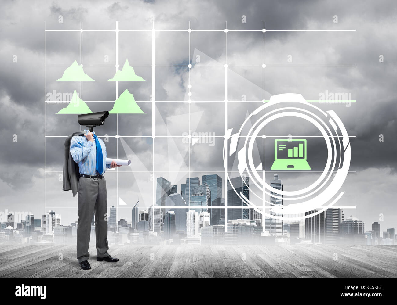 Camera headed man standing on wooden floor against modern cityscape ...