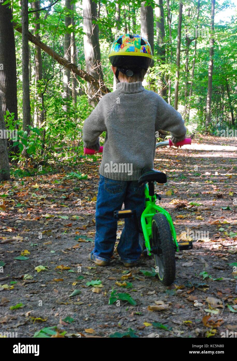 Young boy riding his bike in the woods Stock Photo - Alamy