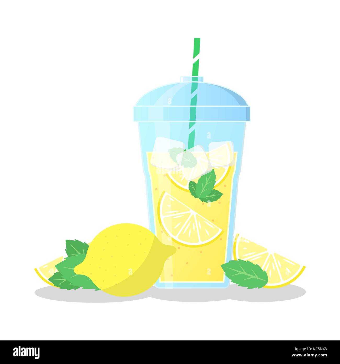 Lemon and mint smoothie vector icon. Take away glass with a straw with ...
