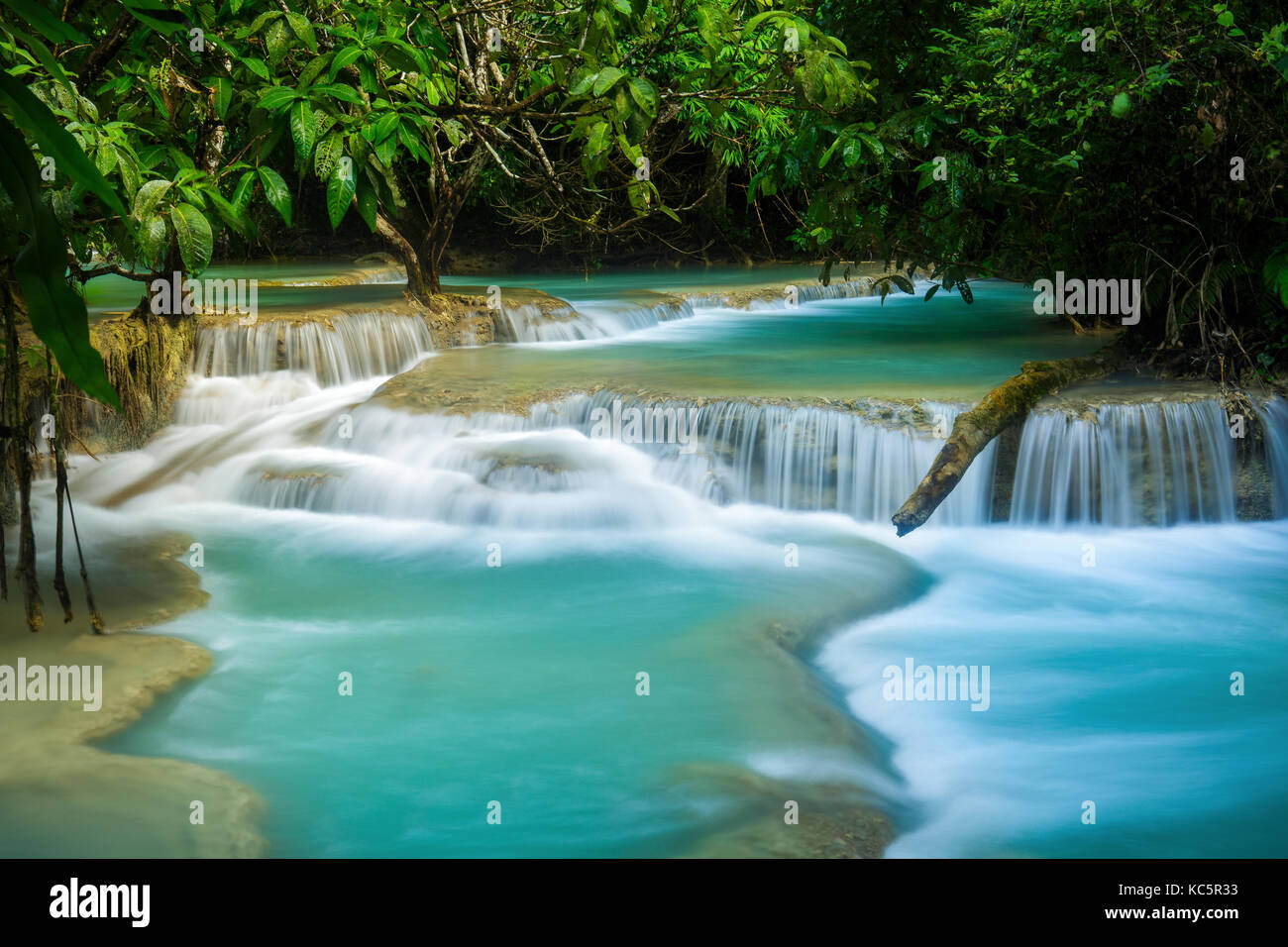 Turquoise water of Kuang Si waterfall in Luang Prabang, Laos Stock ...