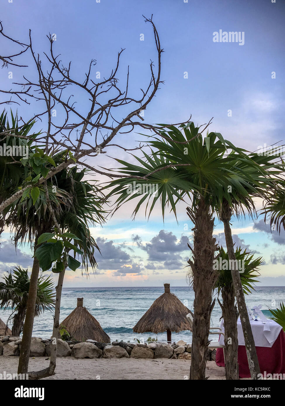 Landscape view of the beach and sea at sunset in Tulum Mexico Stock ...