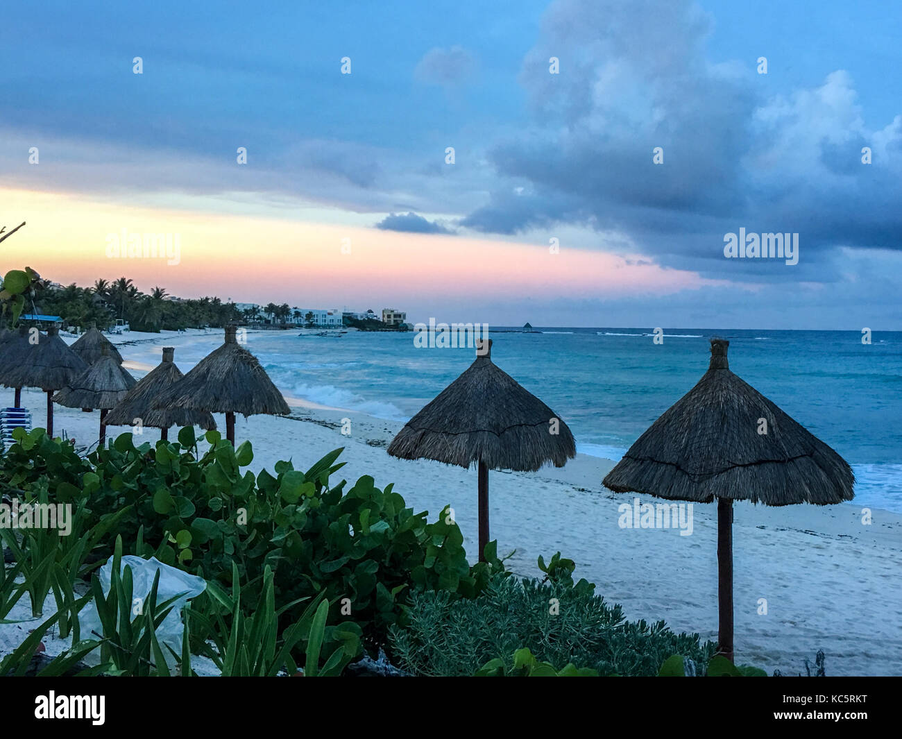 Landscape view of the beach and sea at sunset in Tulum Mexico Stock ...