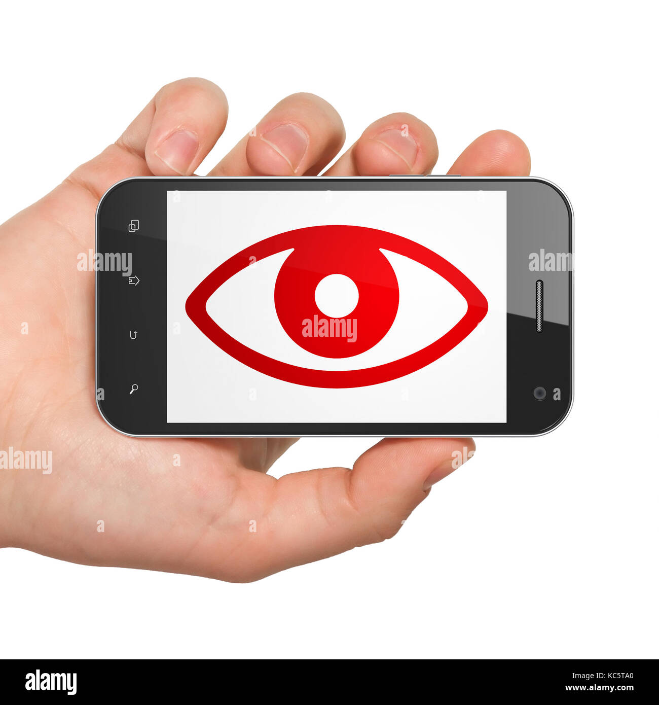 Safety concept: Hand Holding Smartphone with Eye on display Stock Photo ...