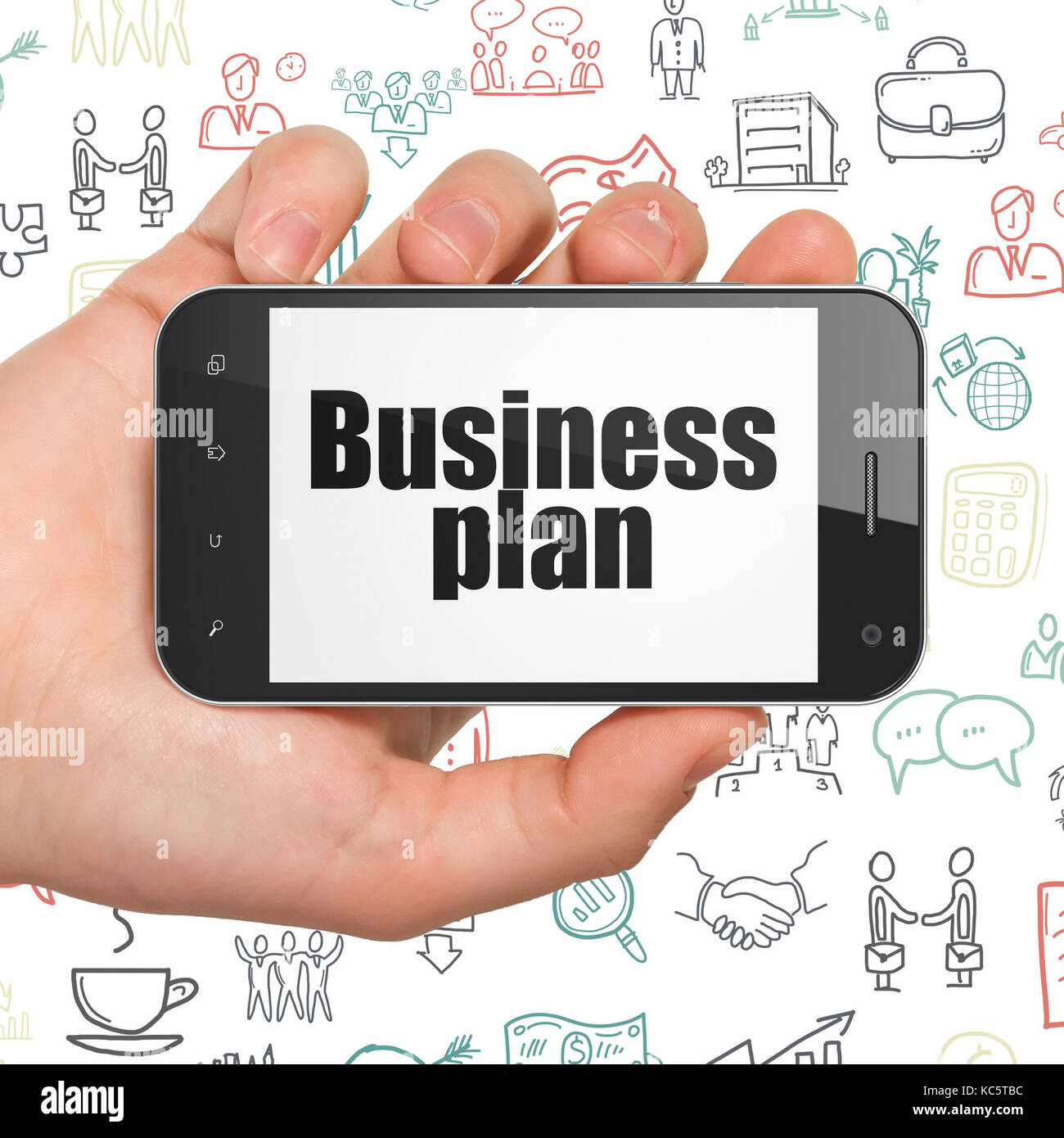 Business concept: Hand Holding Smartphone with Business Plan on display ...