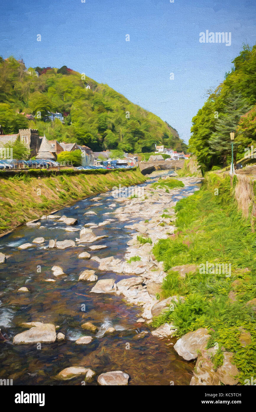 Lynmouth Devon river running through the town illustration like oil ...
