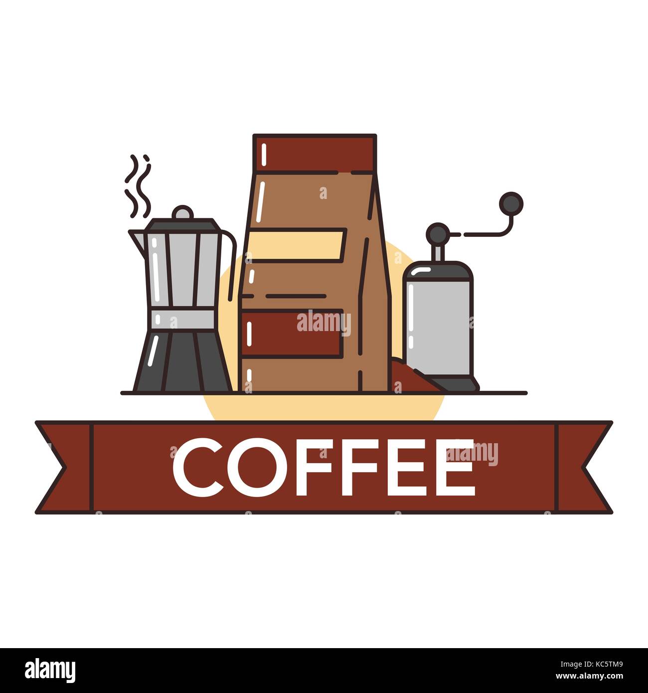 Vector illustration of a coffee maker, coffee packet and coffee mill on ...
