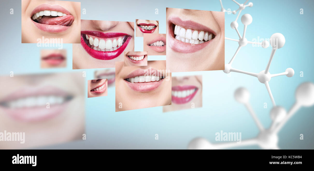Collage of healthy teeth with big molecule chain Stock Photo - Alamy