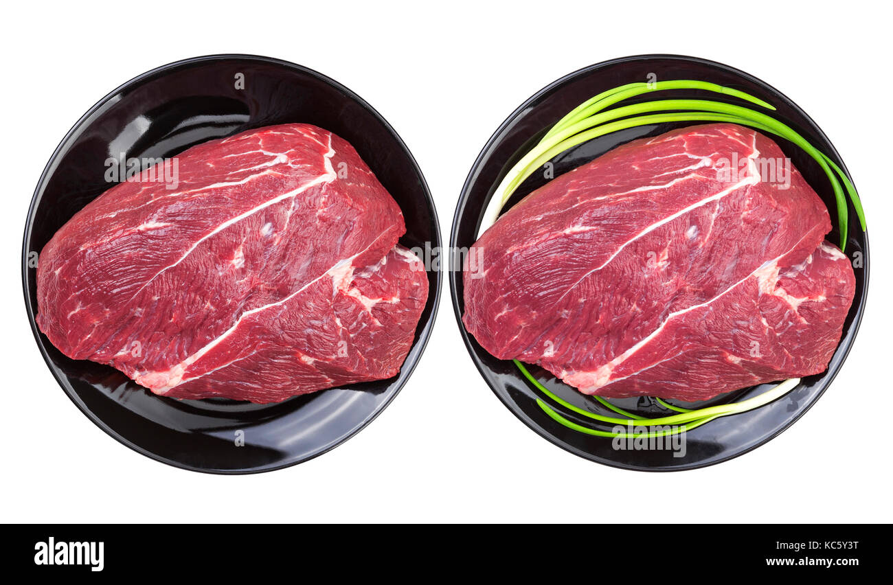 Piece of raw beef isolated on white background, top view Stock Photo ...