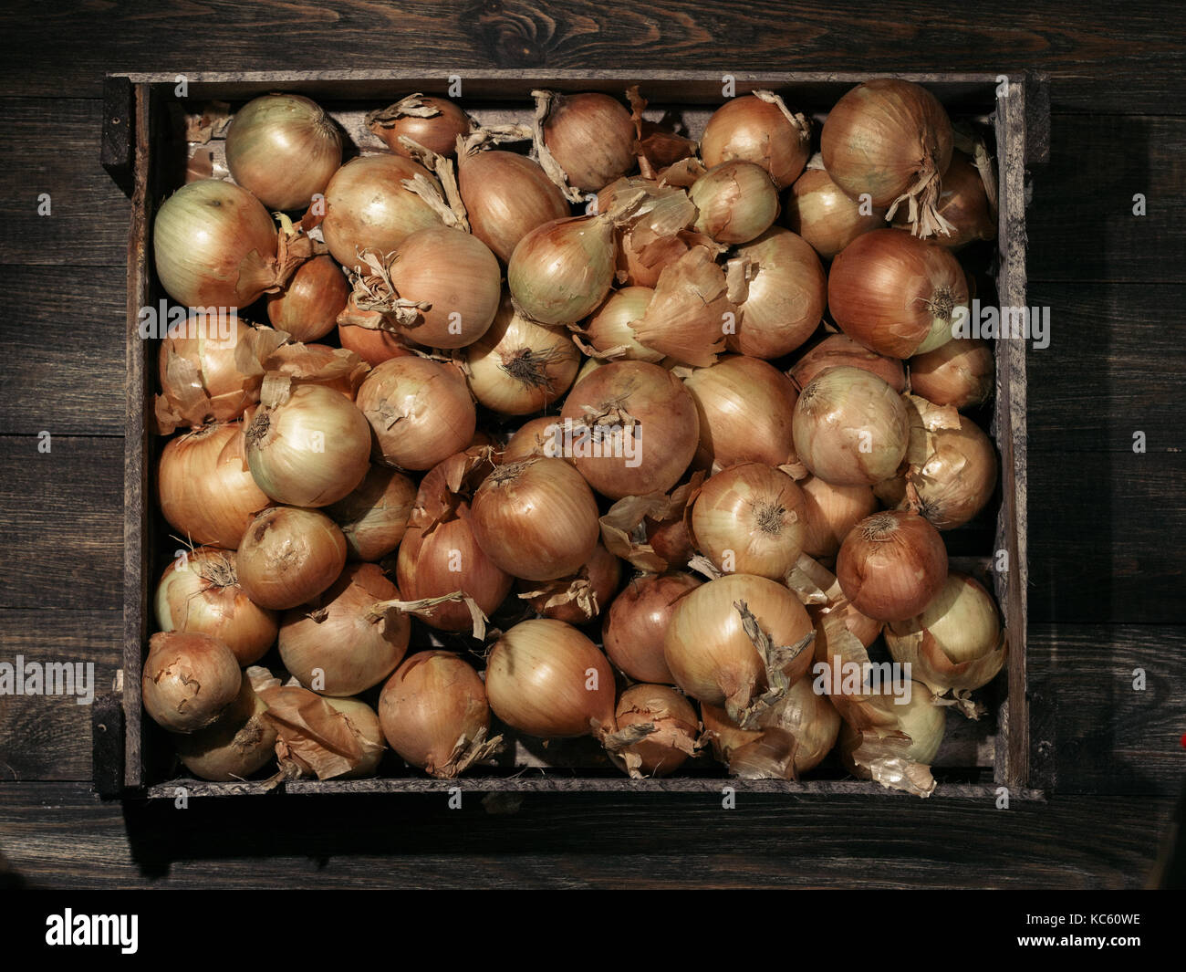 Onions in wooden box. Low key Stock Photo - Alamy