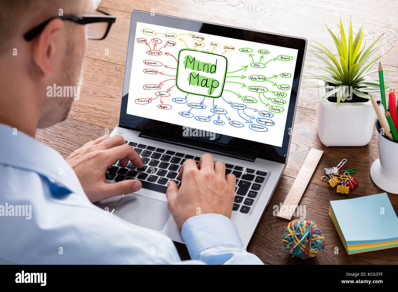 Businessman Working On Laptop Making Mind Map At Wooden Desk Stock ...