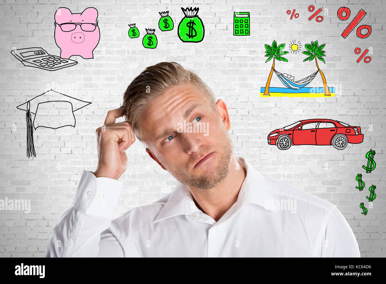 Contemplated Business Man Thinking About Future Against Brick Wall ...