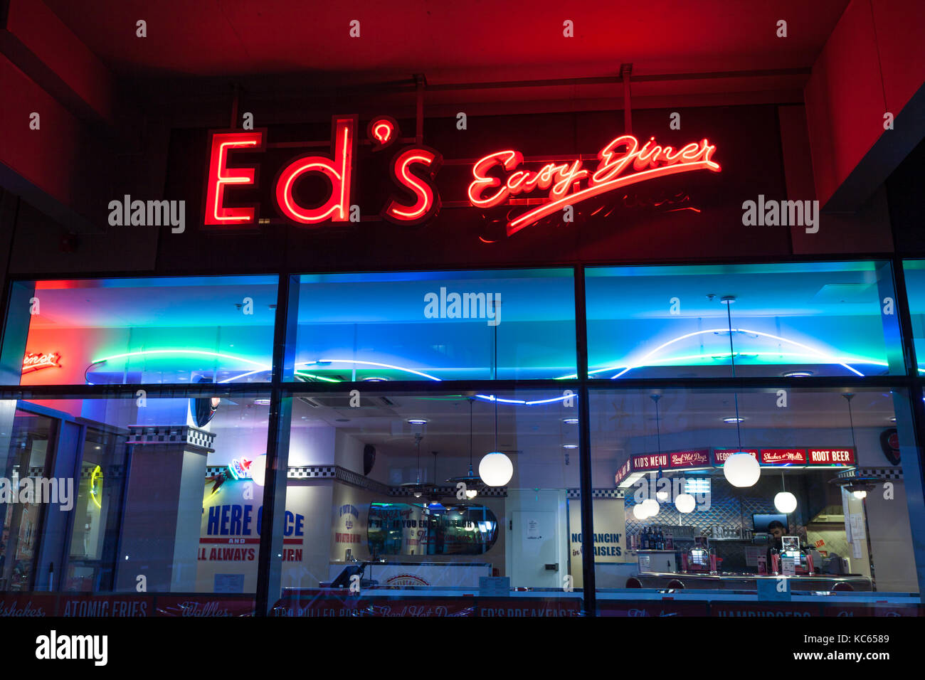 The outside neon signs for Ed's Easy Diner, Birmingham UK Stock Photo ...