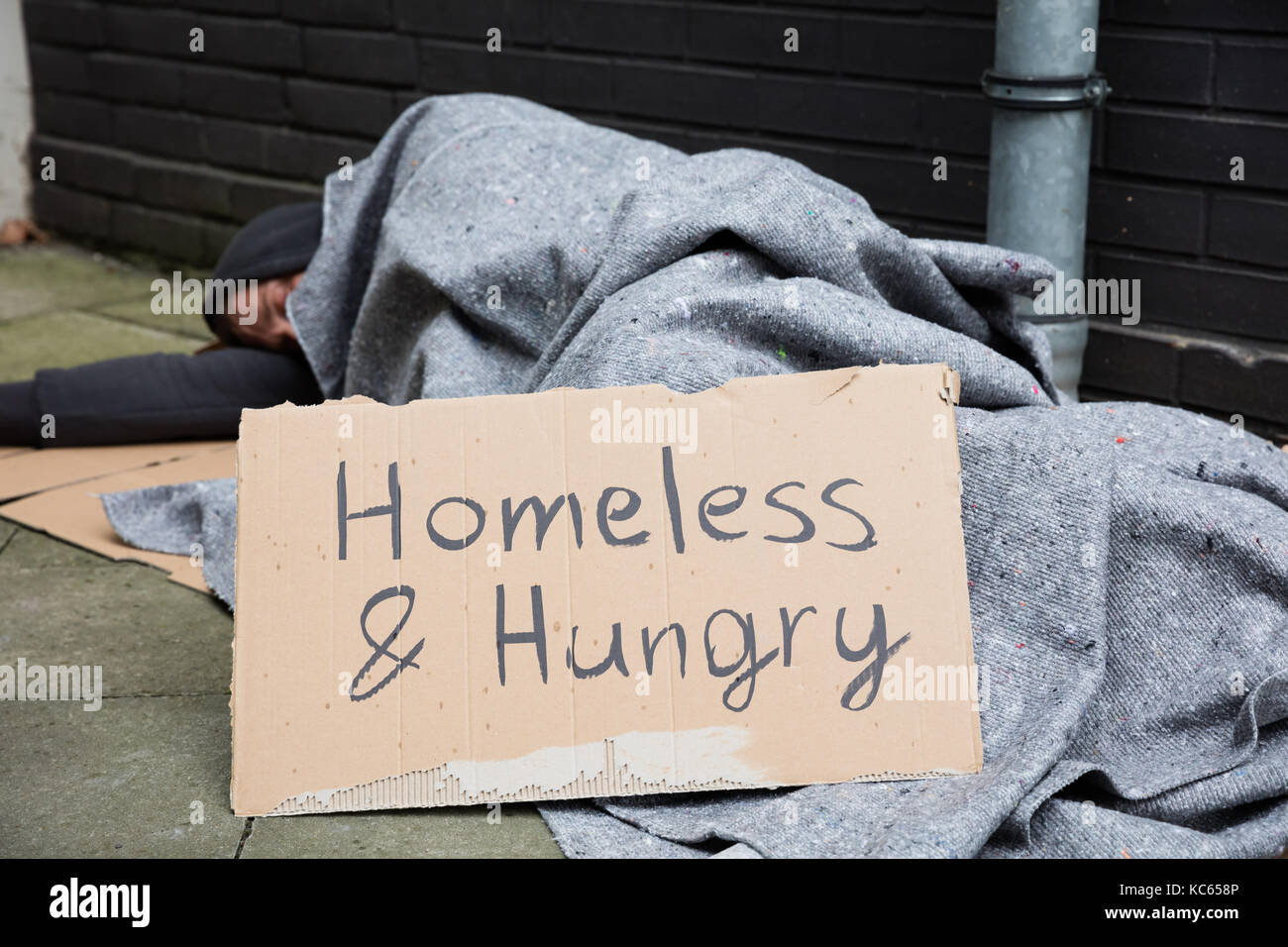 Homeless And Hungry Man Sleeping On Street With Signboard Stock Photo ...