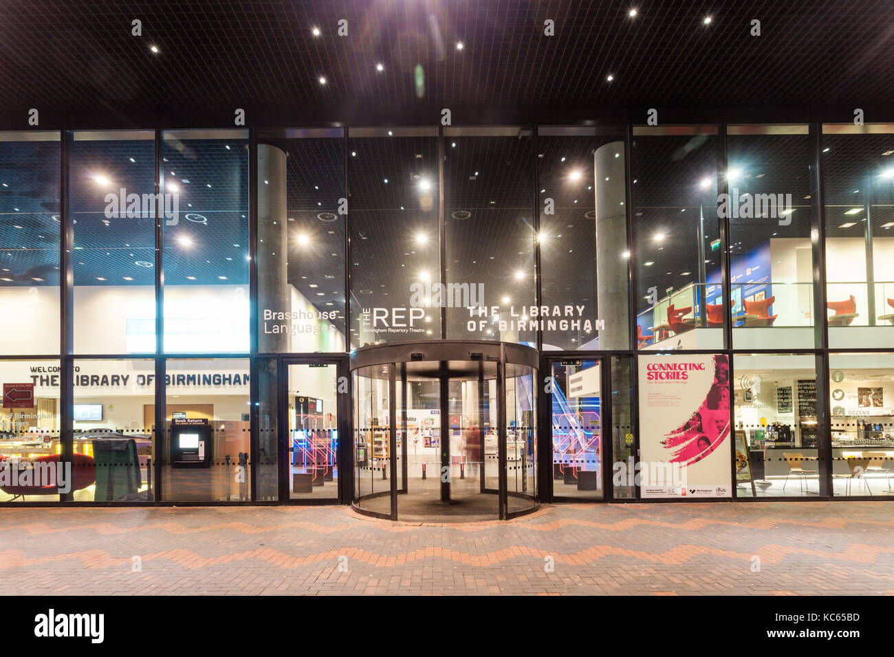 Night view of the entry or entrance to The New Library Birmingham UK ...