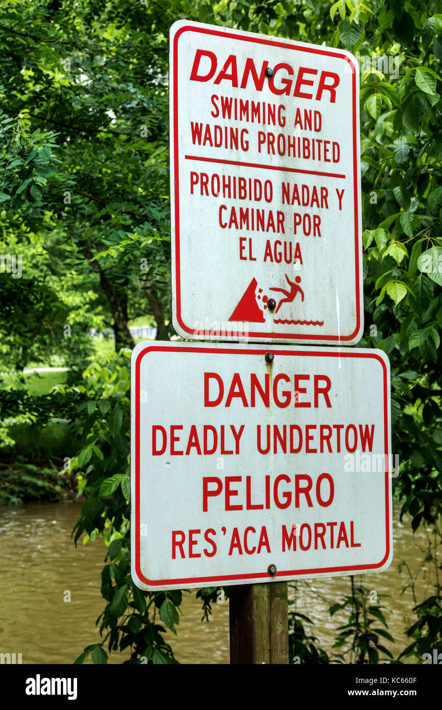 Washington DC,Rock Creek Park,urban park,water,sign,danger,bilingual ...