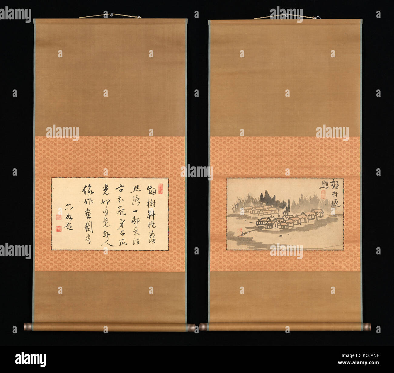 Evening Glow in a Mountain Village and Calligraphy, Ike Taiga, late ...